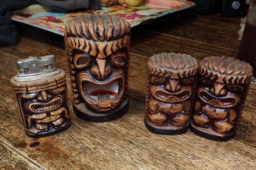 Neat Hawaiian Tiki Tabletop Lighter,Ashtray & Salt Pepper Shakers Set ...