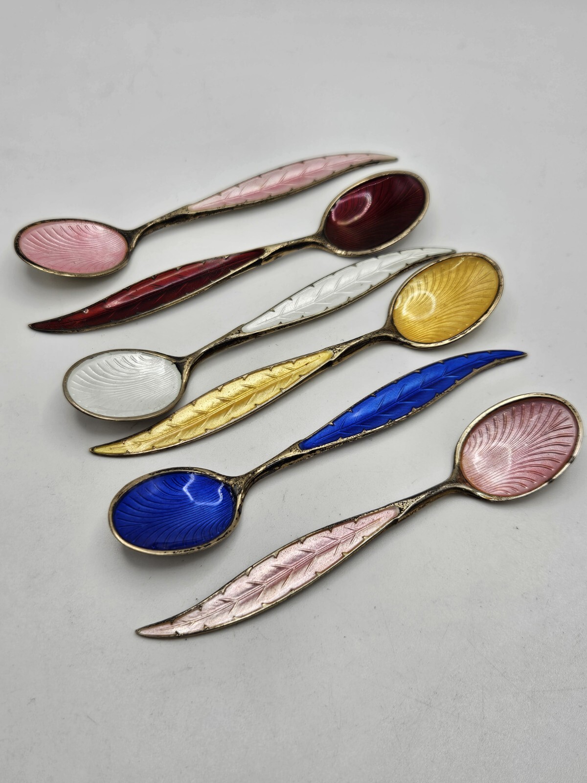 Vintage Ottar Hval Sterling Silver Guilloche Enamel 6 Spoons Set Norway ...