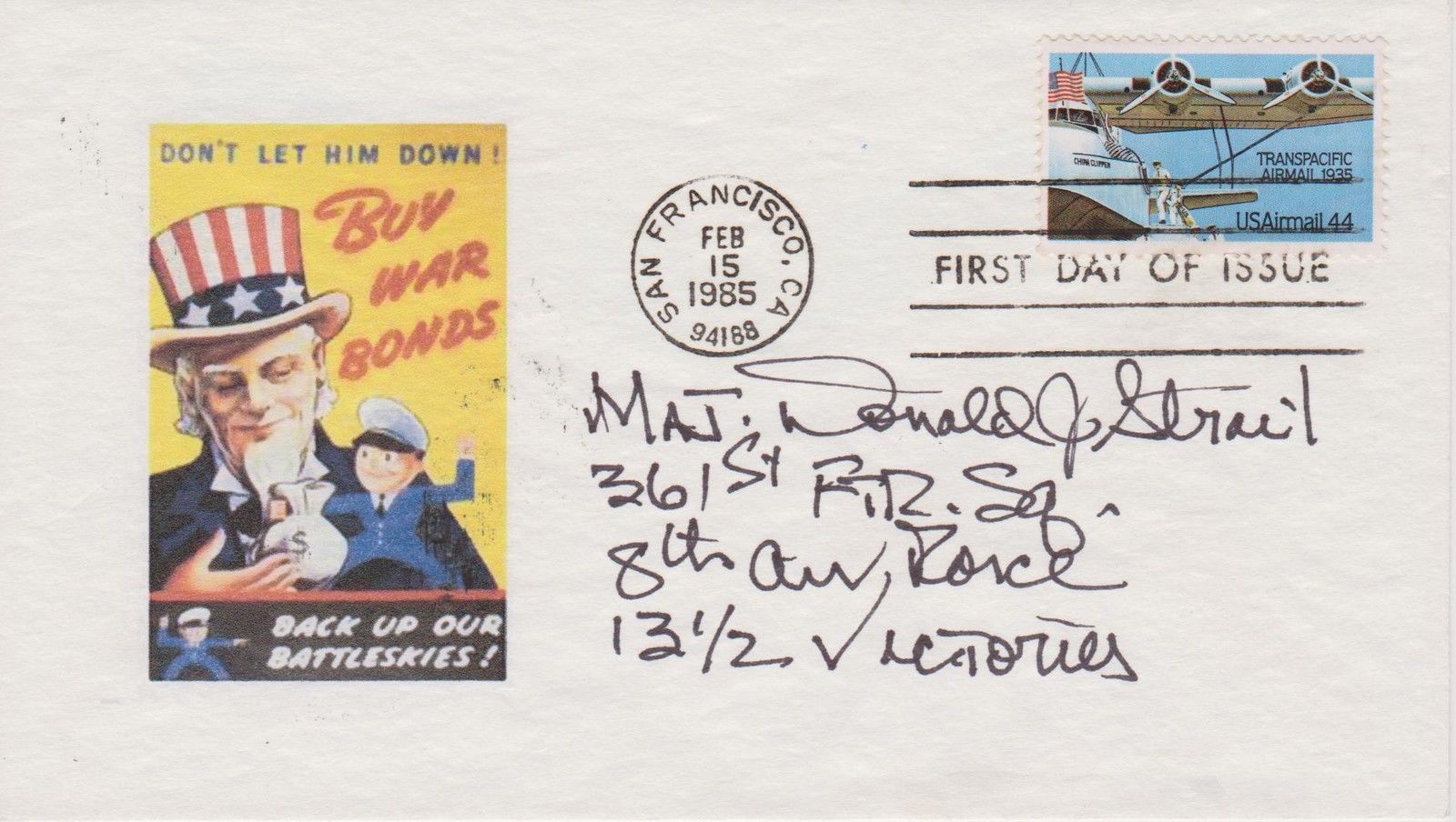 SIGNED WWII FIGHTER ACE DONALD STRAIT FDC AUTOGRAPHED FIRST DAY COVER ...