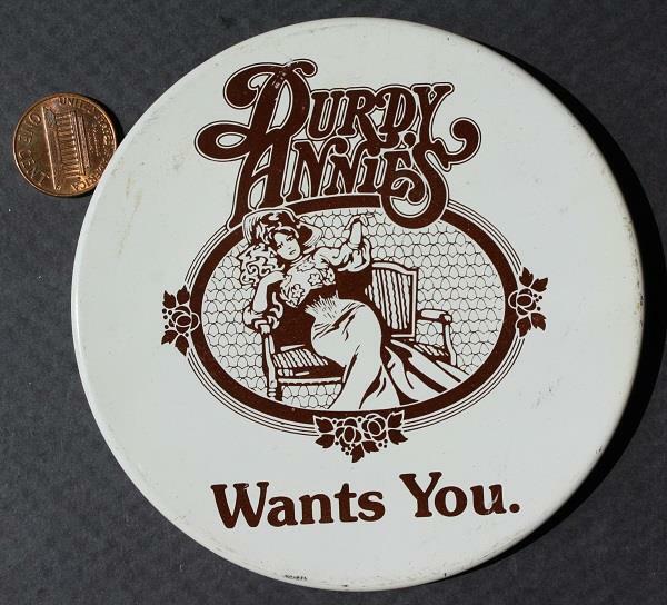 1970-80s Era Durdy Annies Restaurant & Saloon HUGE 4" logo pin Pretty ...