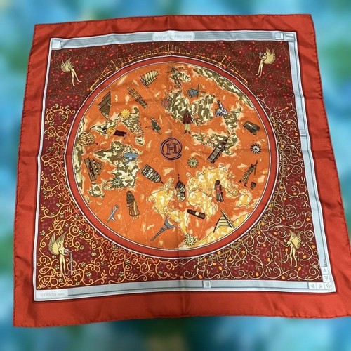 Hermes Map Silk Scarf Orange Red 41cm Silk Geometric Pattern Used From ...