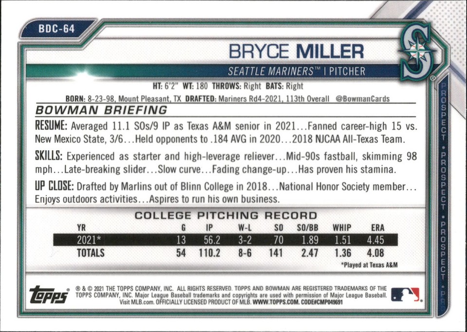 2021 Bowman Chrome Draft Sapphire Edition #BDC-64 Bryce Miller Seattle ...