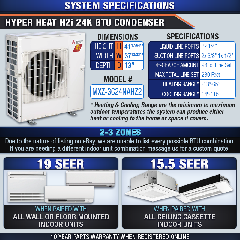 Mitsubishi H2i 24000 BTU 2-3 Zone Mini Split Hyper Heat Pump AC System ...