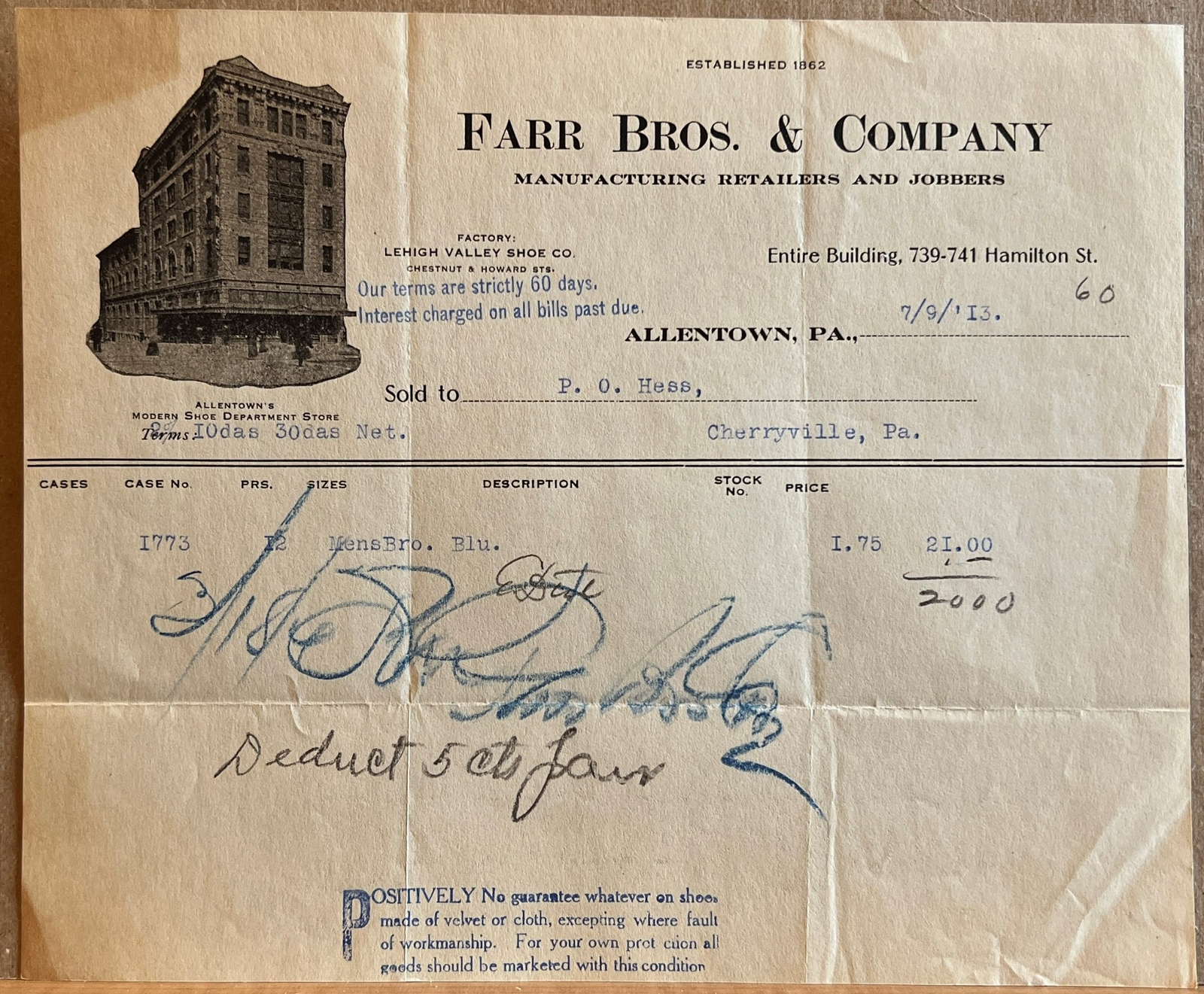1913 Invoice Farr Bros & Company Allentown PA Lehigh Valley Shoe ...