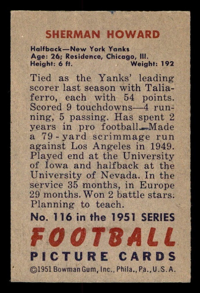 1951 Bowman Football #116 Sherman Howard VG | eBay