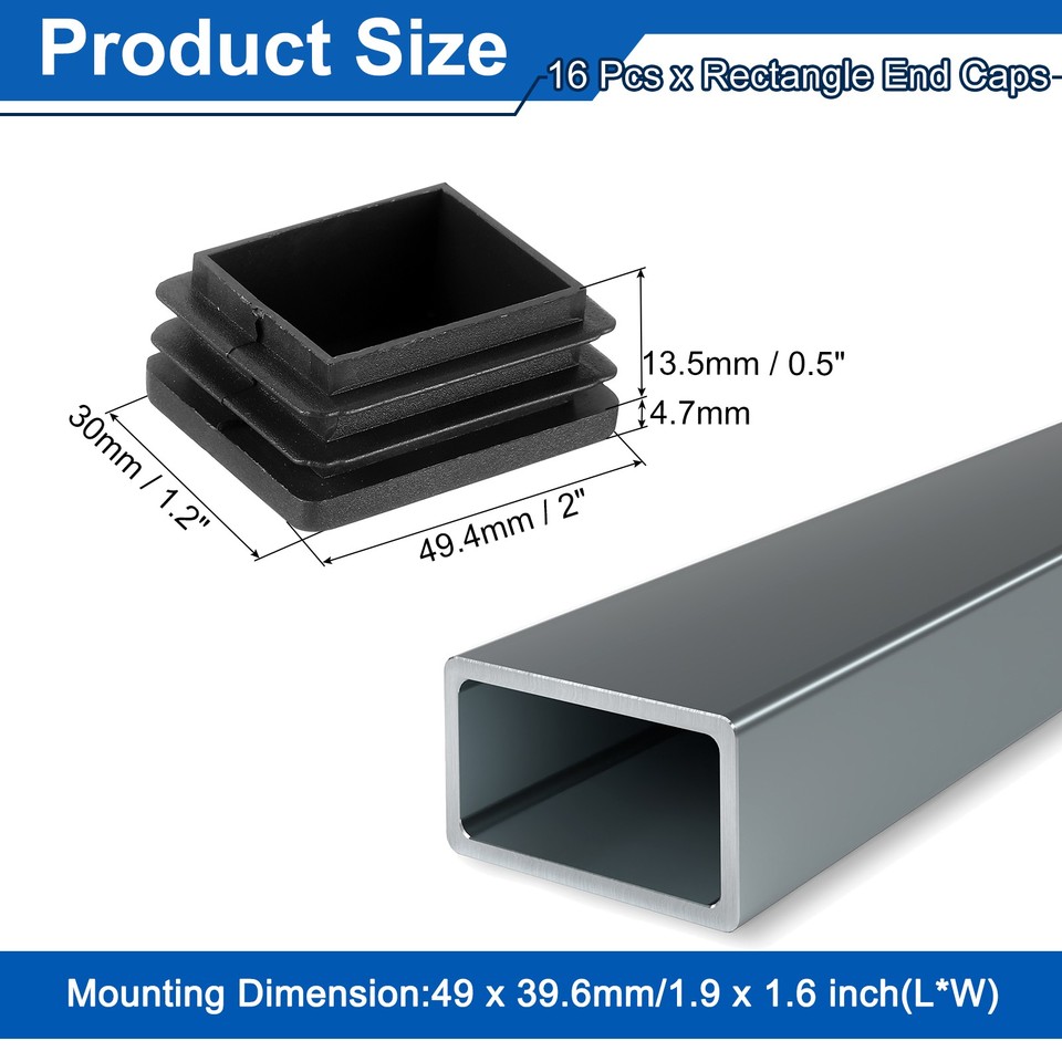 16 Pcs Rectangle Tubing End Caps 2 x 1 9/16 Inch Plastic Plugs, Black ...