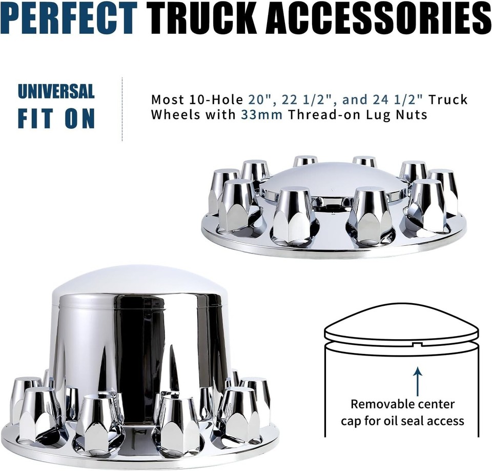 Chrome Hub Cover Semi Truck Wheel Kit Axle Cover 33mm Lug Front & Rear ...