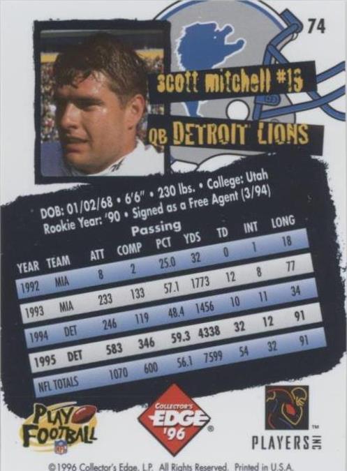 1996 Collector's Edge Scott Mitchell #74 for sale | eBay