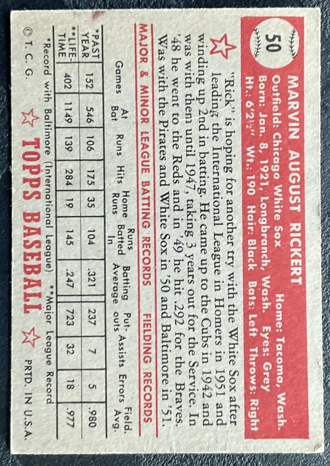 1952 Topps Marv Rickert #50 Red Back VG+ | eBay