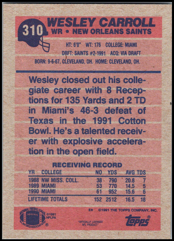 1991 Topps #310 Wesley Carroll - Rookie RC FREE SHIPPING! | eBay