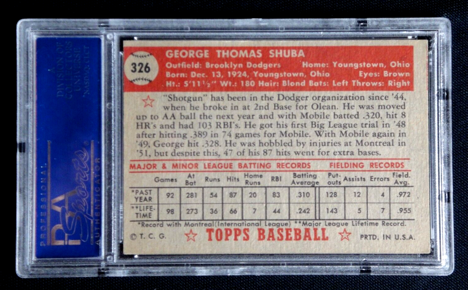 GEORGE SHUBA 1952 TOPPS BASEBALL CARD #326 PSA 5 EXCELLENT HIGH NUMBER ...
