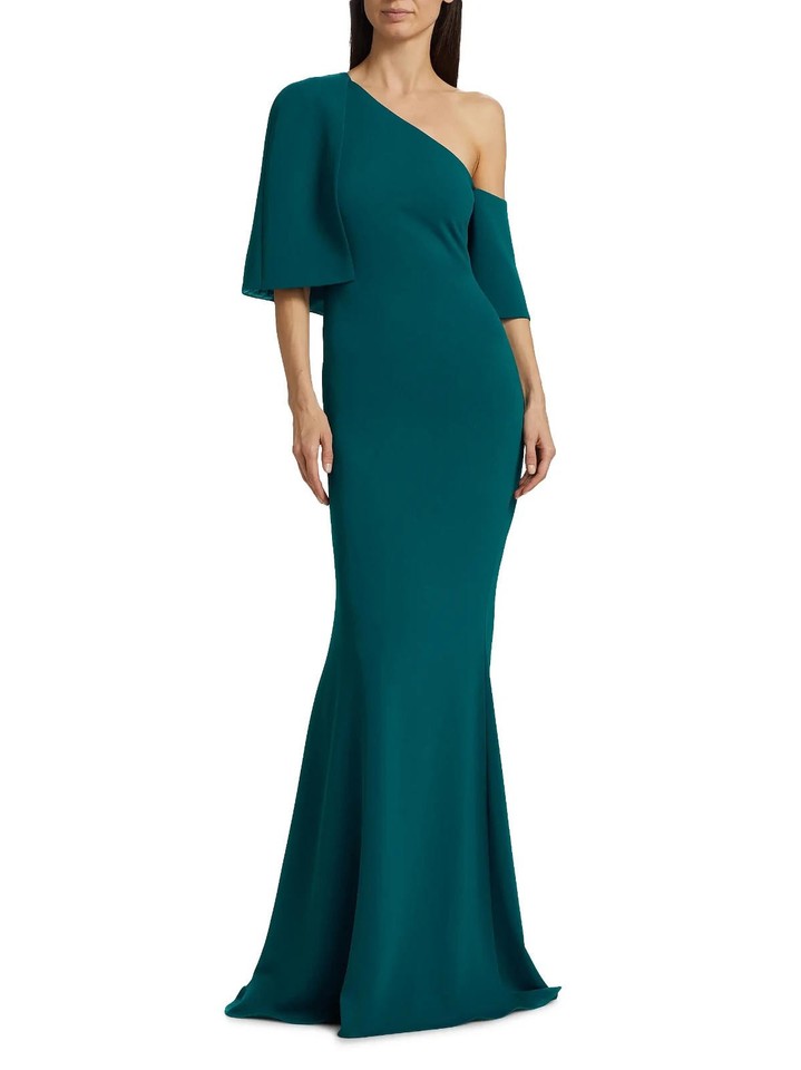 Badgley Mischka Stretch-Crepe Cape Gown $695 Teal Sleeves sz 0 Runway ...