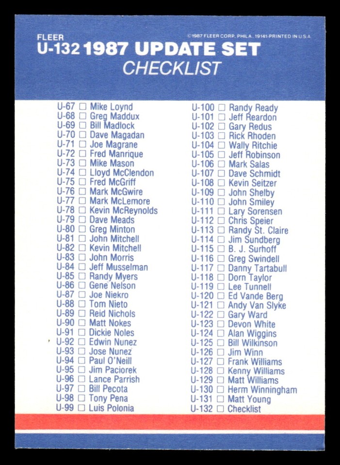 1987 Fleer Update Glossy #U-132 Checklist #U1-U132 | eBay
