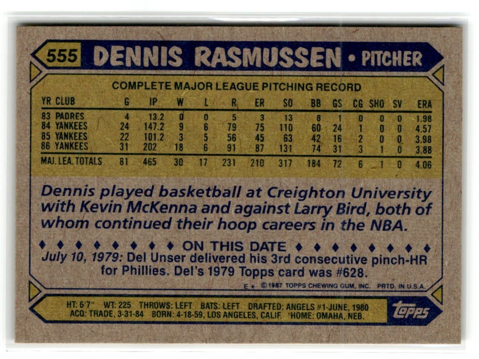 1987 Topps BASEBALL #555 Dennis Rasmussen New York Yankees | eBay
