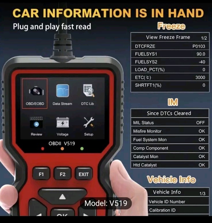 V519 OBD2 ObdII OBD Scanner Professional Code Read Engine System ...