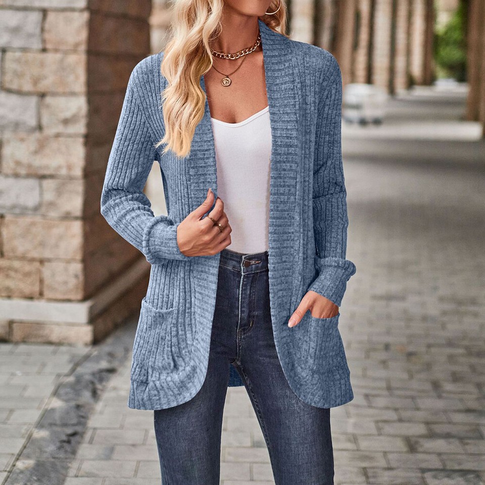 Women Ribbed Cardigan Sweater Long Sleeve Coat Jumper Solid Baggy ...