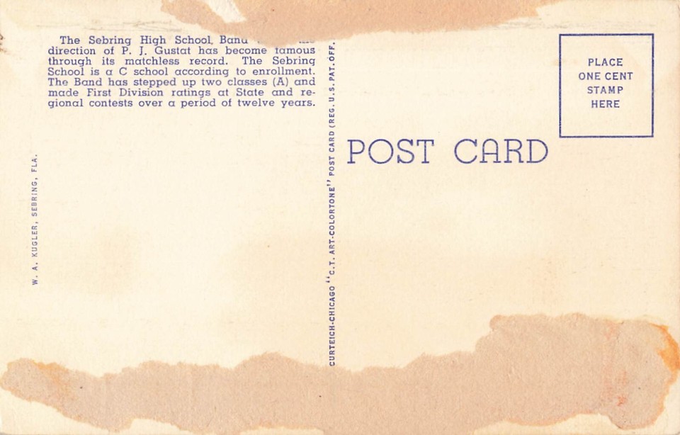 pc12674 postcard Sebring Florida Marching Band paper residue on back ...
