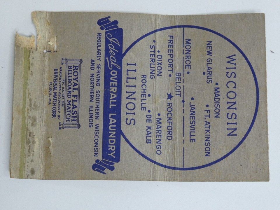 Matchbook Cover Wide Ideal Overall Laundry Rockford IL Illinois Vintage ...