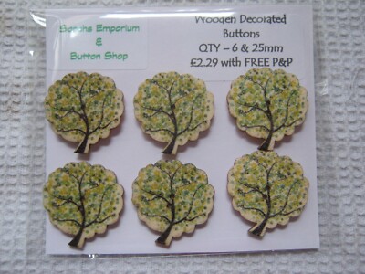 Wooden Decorated & Shaped Buttons - 6 per pack, 25mm **NEW** TREES [U ...