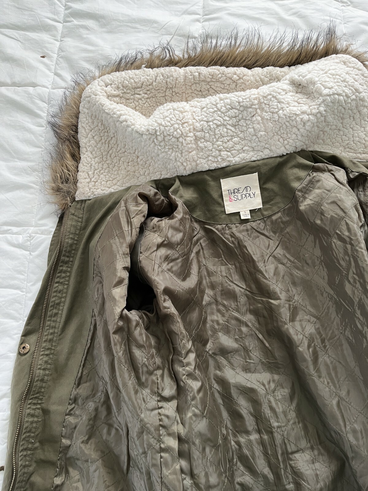 Olive Green Parka with Fluffy Hood and Black Sleeves … - Gem