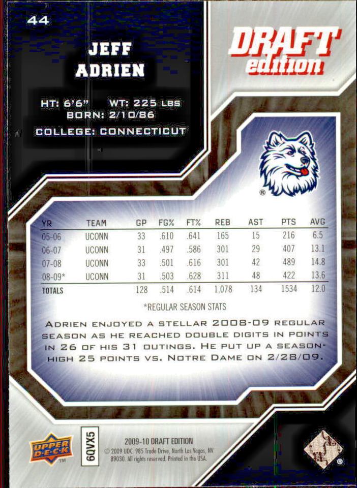 2009 - 2010 Upper Deck Basketball Draft Edition #44 Jeff Adrien NBA ...