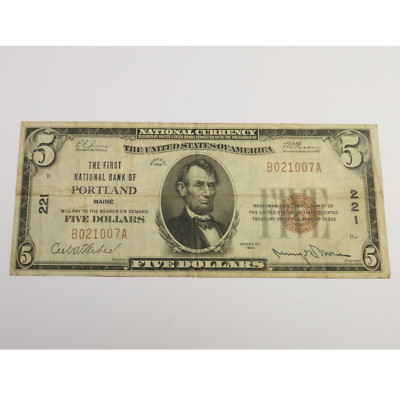 1929 Portland Maine National Currency $5 US Note - Charter 221 #50836F ...