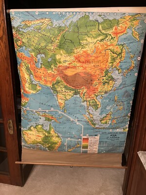 Asia - Vintage 1950 school pull down wall map - Weber Costello - semi ...