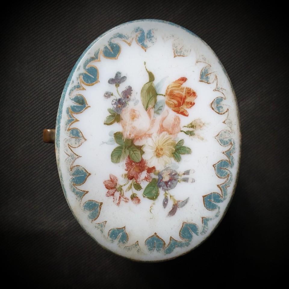 French Oval White Opaline Glass Box – Hand-Painted Florals, Blue & Gold ...