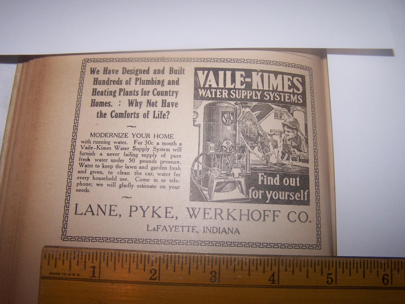 1919 Vaile Kimes Water System LANE PYKE WERKHOFF CO Ad LaFAYETTE ...