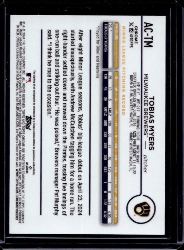 2024 Topps Chrome Update Tobias Myers Auto Purple Refractor #/250 #AC-TM | eBay