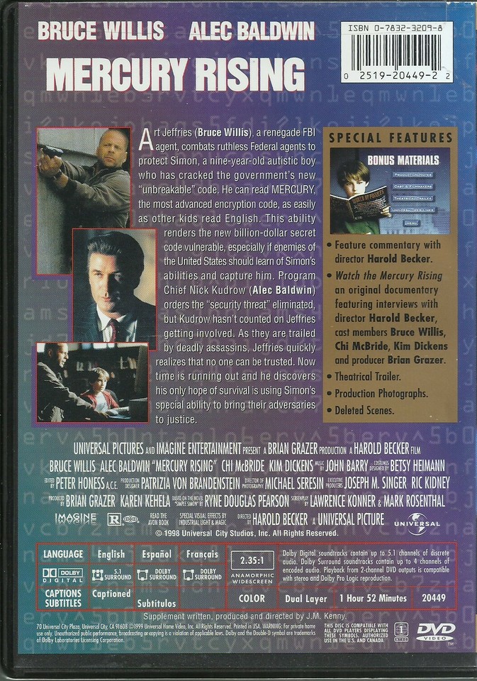 Mercury Rising (DVD, 1999, Collectors Edition) Bruce Willis, Alec ...