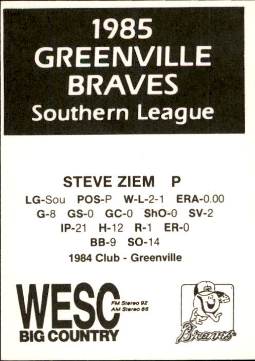 1985 Greenville Braves Team Issue 26 Steve Ziem Banning California ...