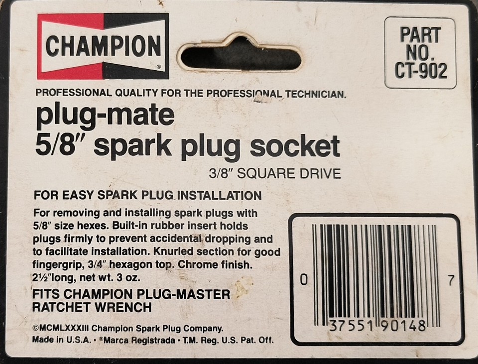 CHAMPION PLUG-MATE 5/8” SPARK PLUG SOCKET 3/8” DRIVE 6 PT. #CT-902 USA ...
