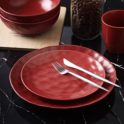Stone Lain Sam Porcelain 16-Piece Round Dinnerware Set Red 810074930642 ...
