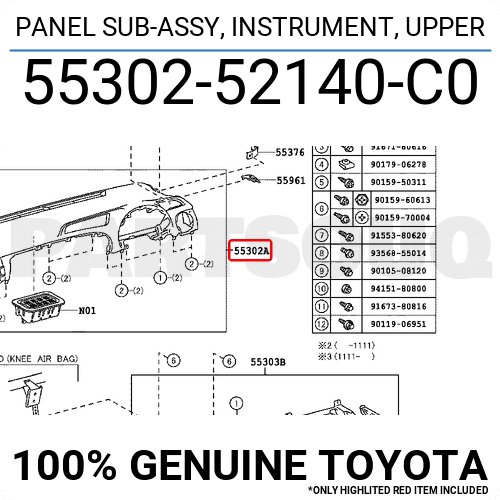 5530252140C0 Genuine Toyota PANEL SUB-ASSY, INSTRUMENT, UPPER 55302 ...