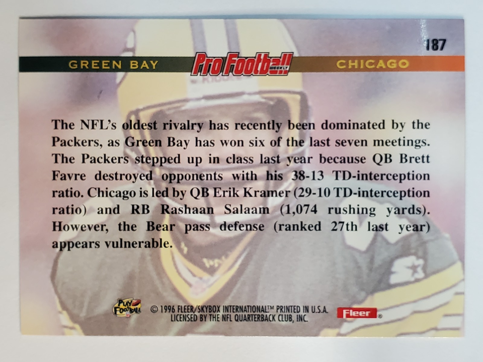 1996 Fleer #187 Brett Favre PFW ~ Green Bay Packers PRO FOOTBALL WEEKLY ...