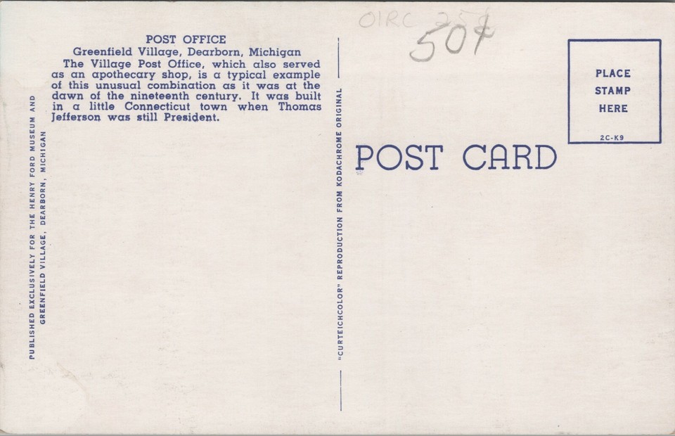 Greenfield Village Post Office Dearborn Michigan 1952 Postcard ...