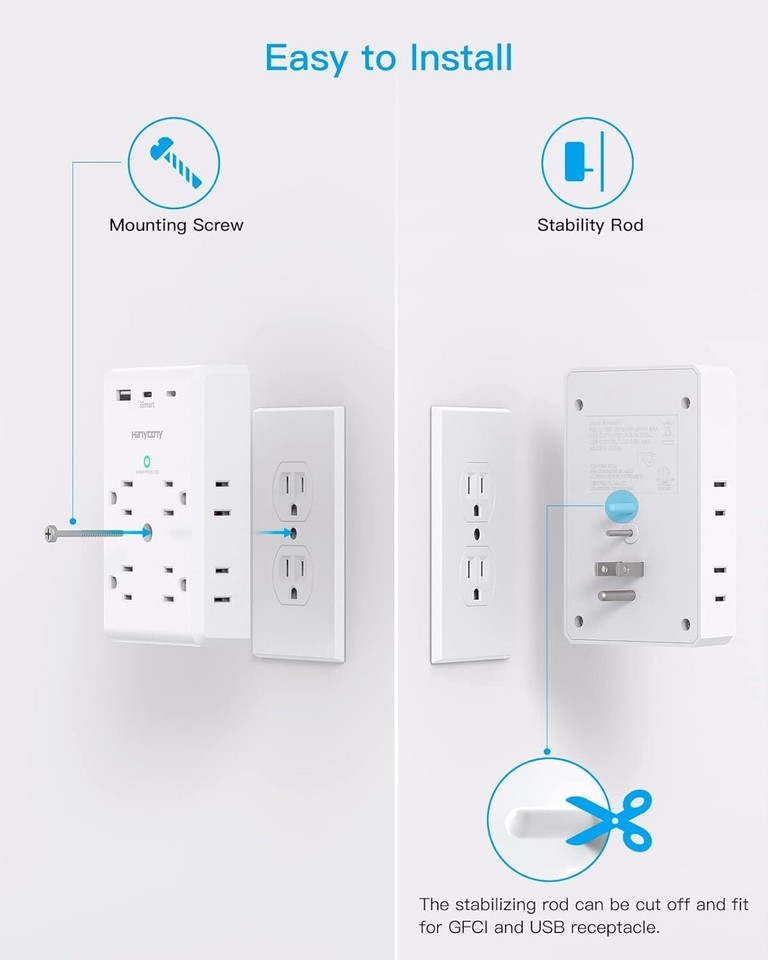 Multi Plug 8 Outlets 3 Sided 1-USB 2 USB-C Ports Extender Power Strip ...