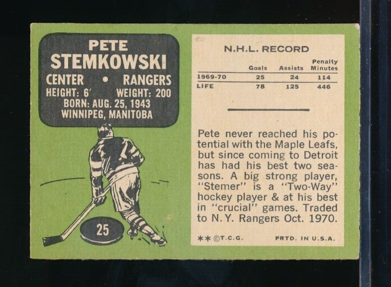1970 Topps #25 Pete Stemkowski signed auto autograph blue sharpie nice ...