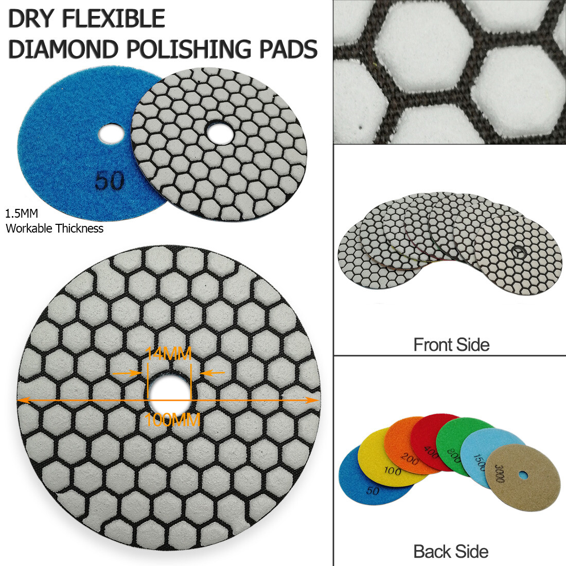 7pcs Dia 4" / 100mm Dry Diamond Sanding Disc Flexible Polishing Pads ...