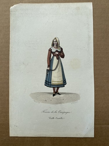 Hand colored illustration lithograph Fashion Woman Castle Costume ...