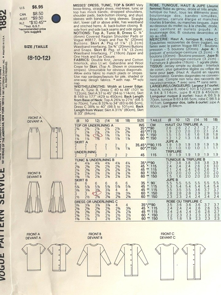 1980's VOGUE Misses' Dress,Tunic,Top Pattern 1882 Size 8-12 UNCUT | eBay
