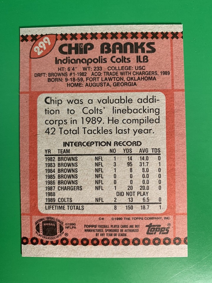 1990 Topps Chip Banks #299 Indianapolis Colts | eBay