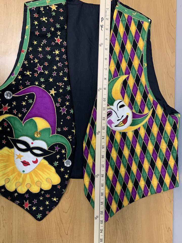 Mardi Gras Jester Vest Womens Large Black Purple Green Harlequin Comedy ...