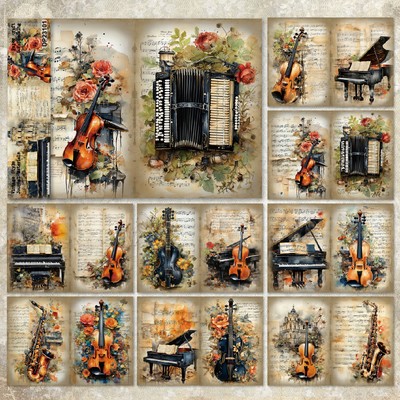 8 Sheets Vintage Piano Violin Paper Decor A5 Scrapbook Junk Journal ...