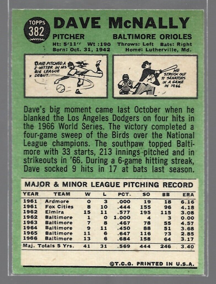 Dave McNally-Baltimore Orioles-1967 Topps Baseball Card #382 | eBay