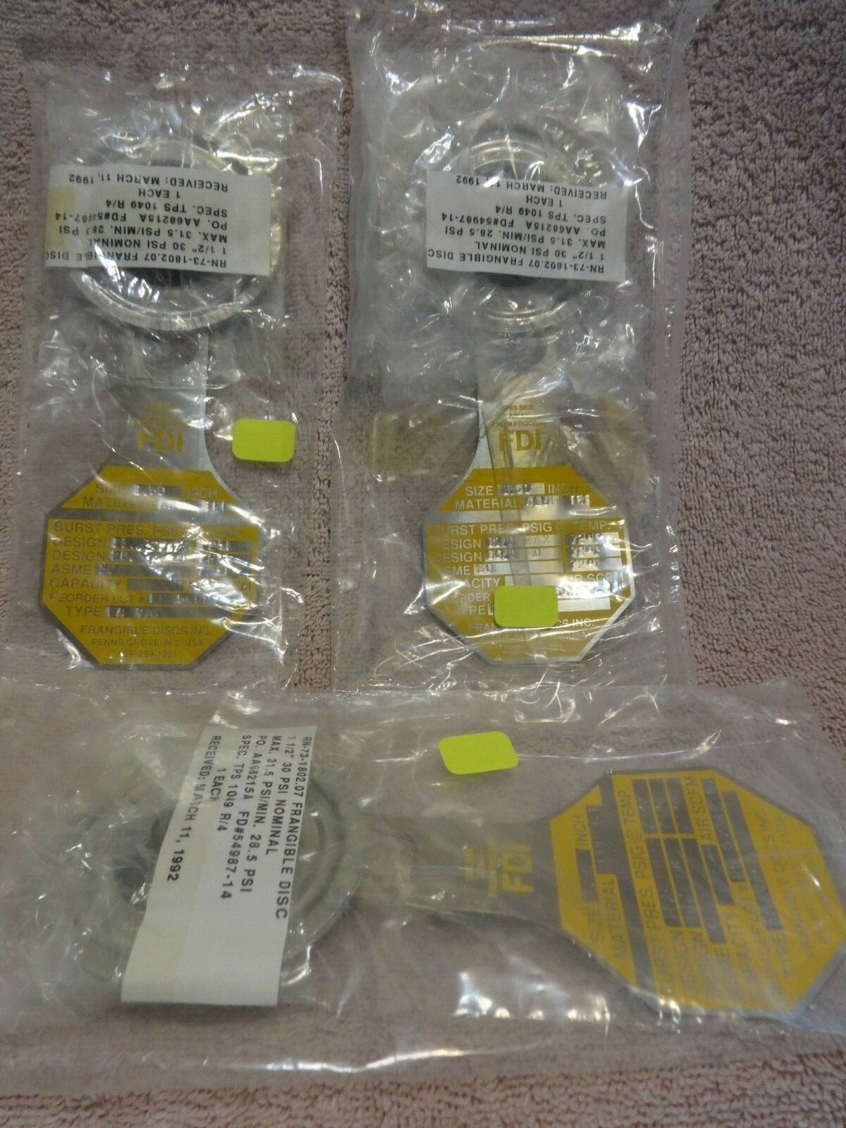 3-FRANGIBLE DISC INCORPORATED 1- 1/2 RUPTURE DISC ASME 30 @72 deg FIKE ...