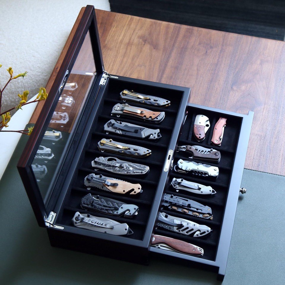 Knife Display Case Two-Tier Pocket Knife Case Box Storage for 15-17 ...