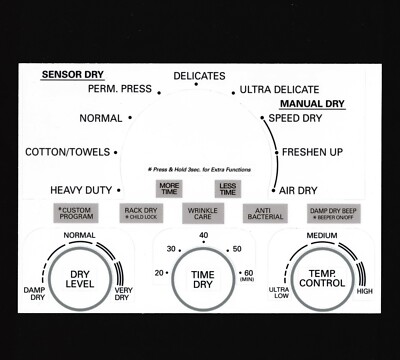 LG Model DLG5966W Dryer Sticker Sheet Labels / Decals for Control Panel ...