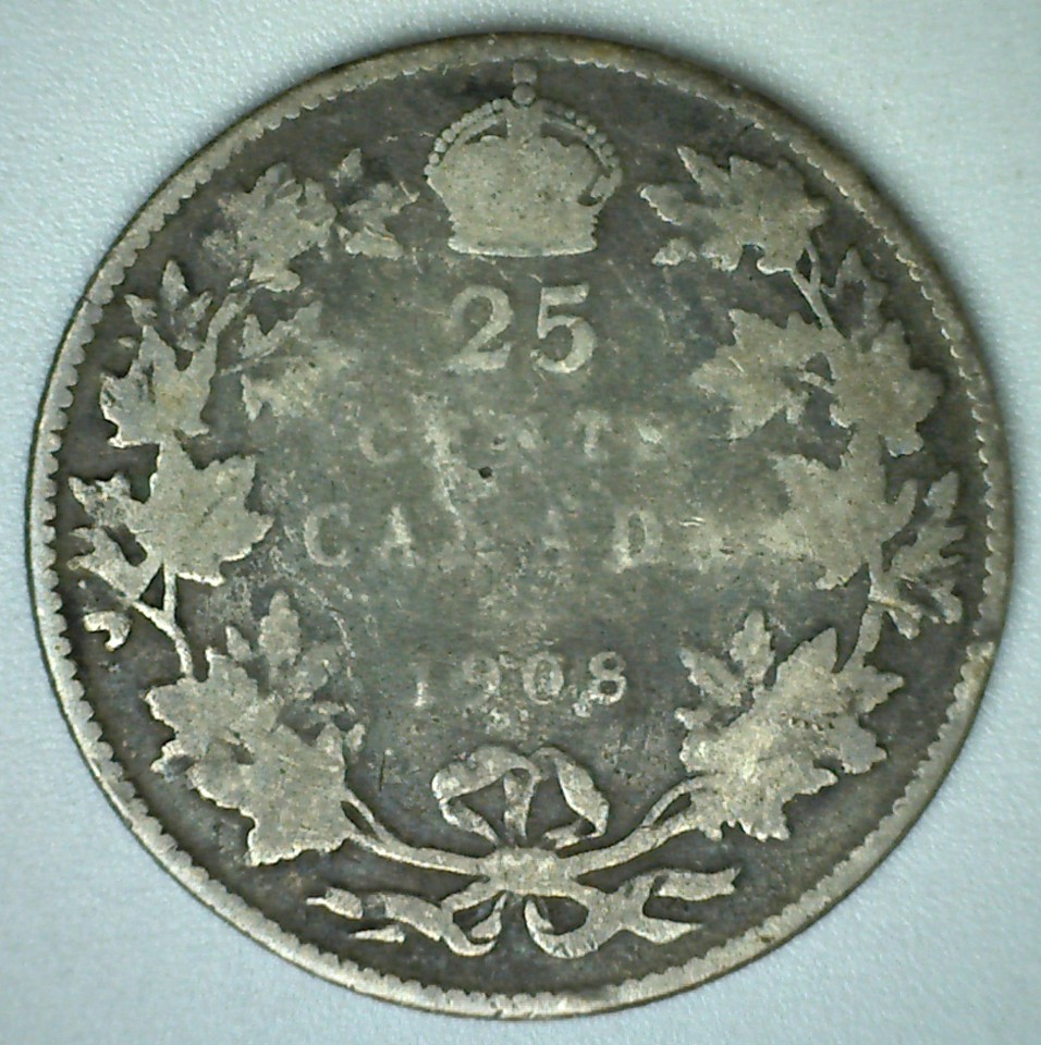 1908 Canada Silver Twenty-Five Cents Coin 25c Canadian Good Circulated ...